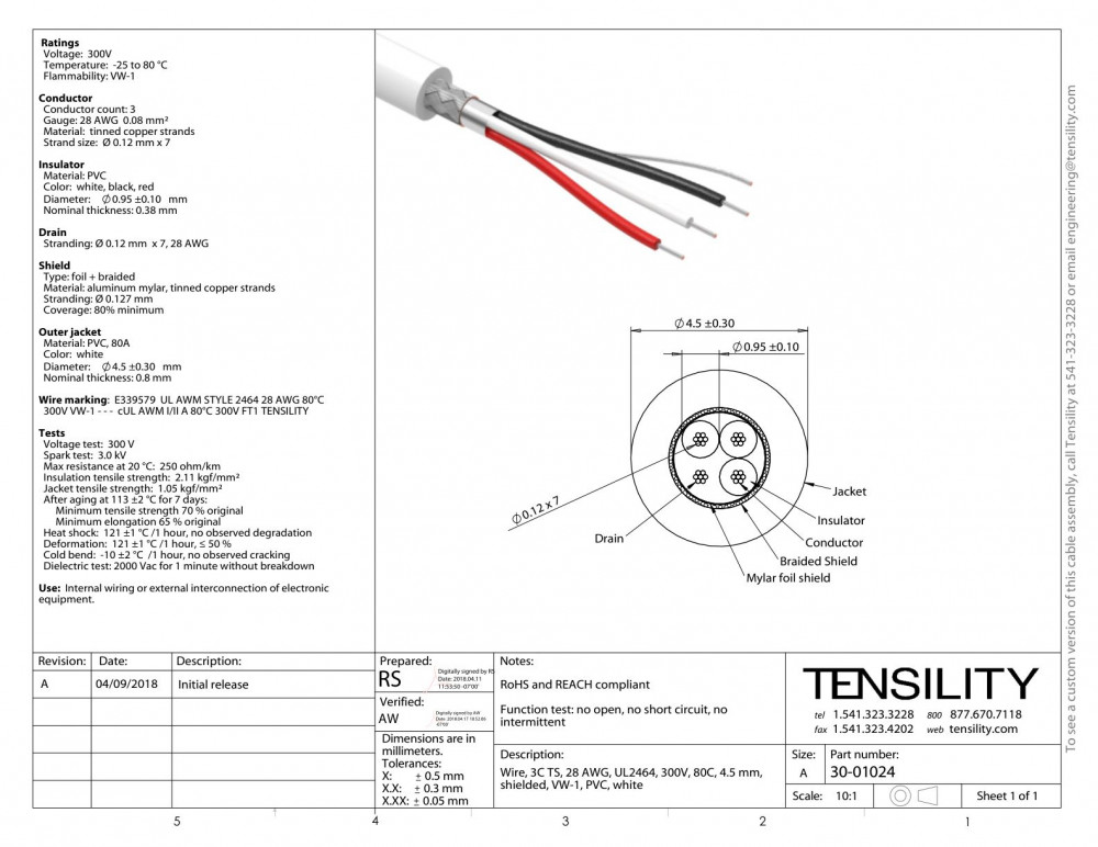 Tensility International 30-01024 cable product drawing