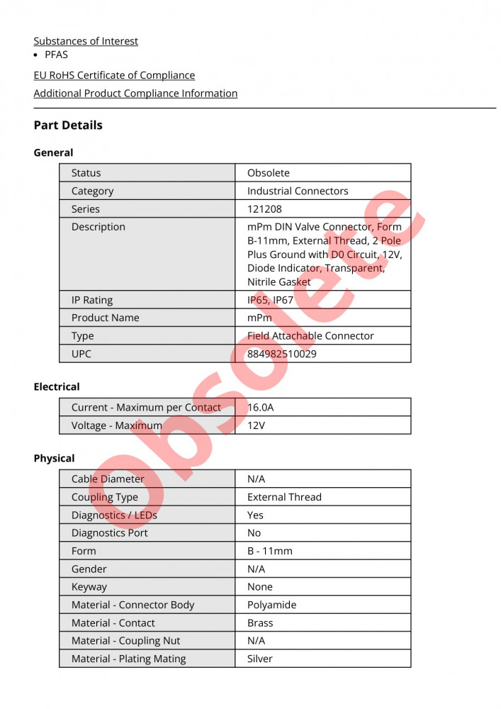 DIN valve connector product specification page 2