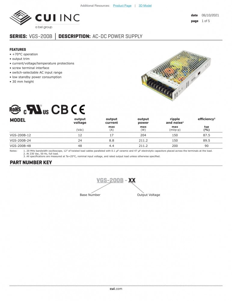 CUI VGS-200B-12 datasheet page 1