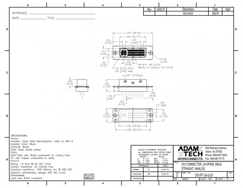 ADAM TECH DVI connector product drawing for DVI-PT-24-2-01