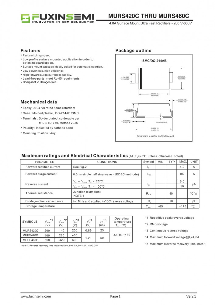 MURS460C datasheet page 1