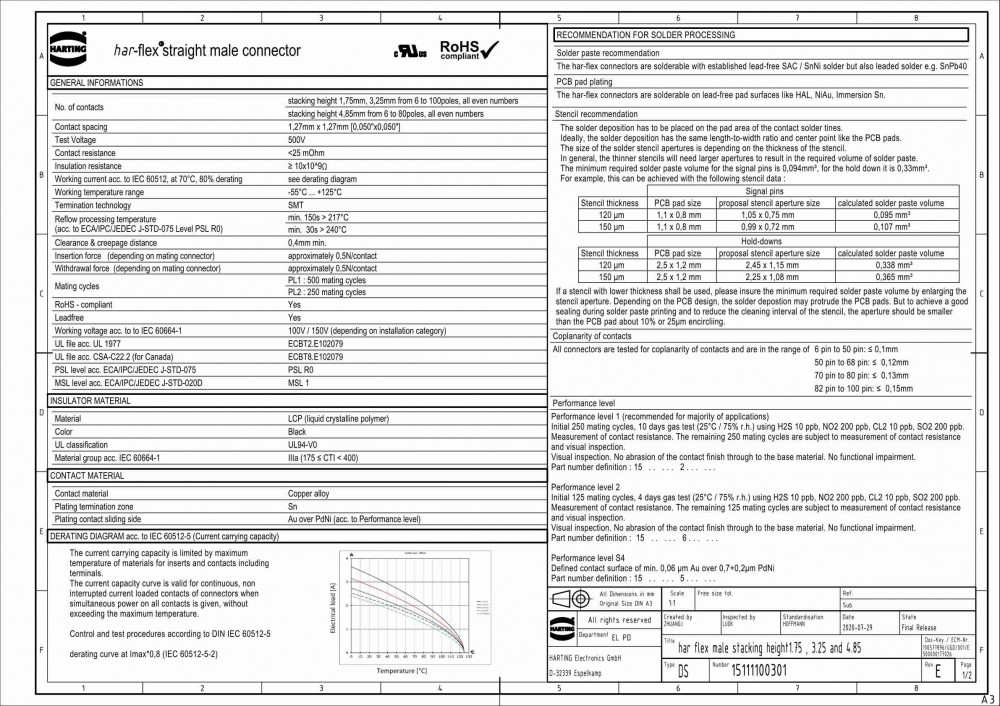 har-flex straight male connector technical drawing, page 1
