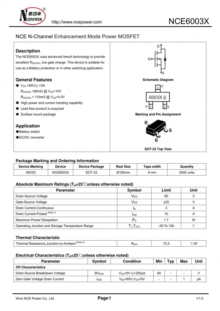NCE6003X datasheet page 1