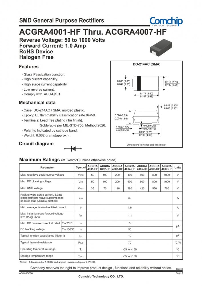 Comchip ACGRA4007-HF datasheet page 1