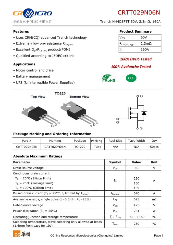 CRTT029N06N datasheet page 1