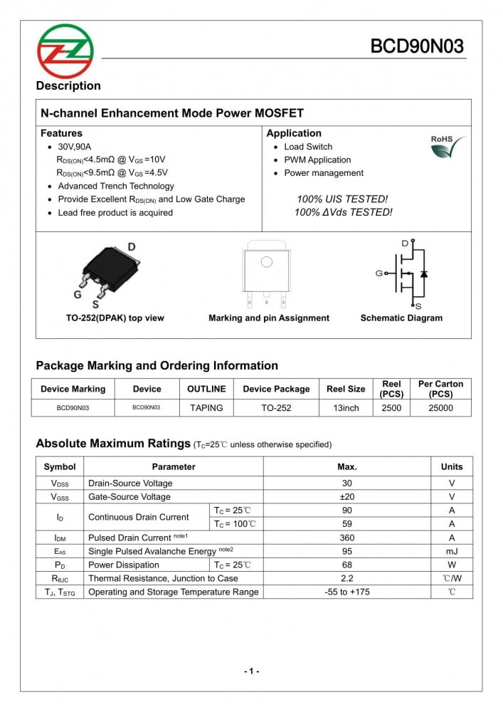 BCD90N03 datasheet page 1
