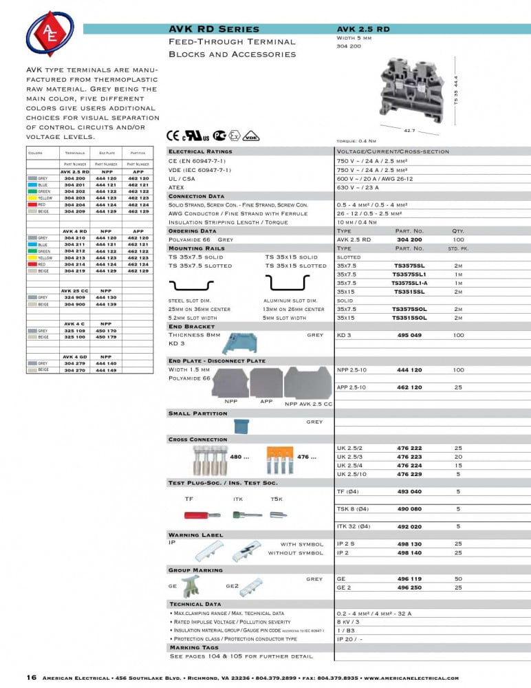 American Electrical AVK RD Series technical document page