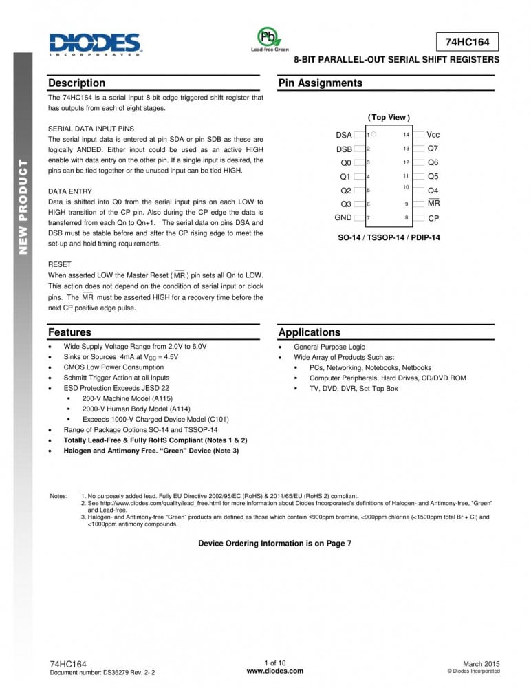 74HC164T14-13 datasheet page 1