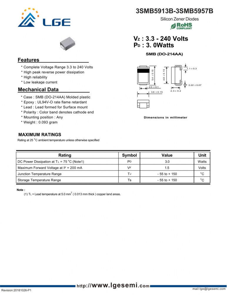 3SMB5949B datasheet page 1