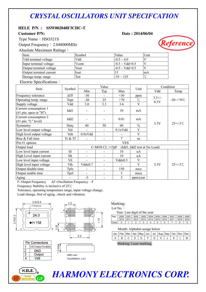 HELE SSW002048F3CHC-T specification document