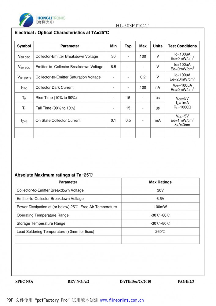 HL-503PT1C-T datasheet page 2