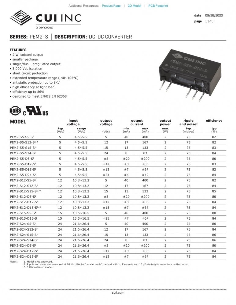 CUI PEM2-S datasheet page 1