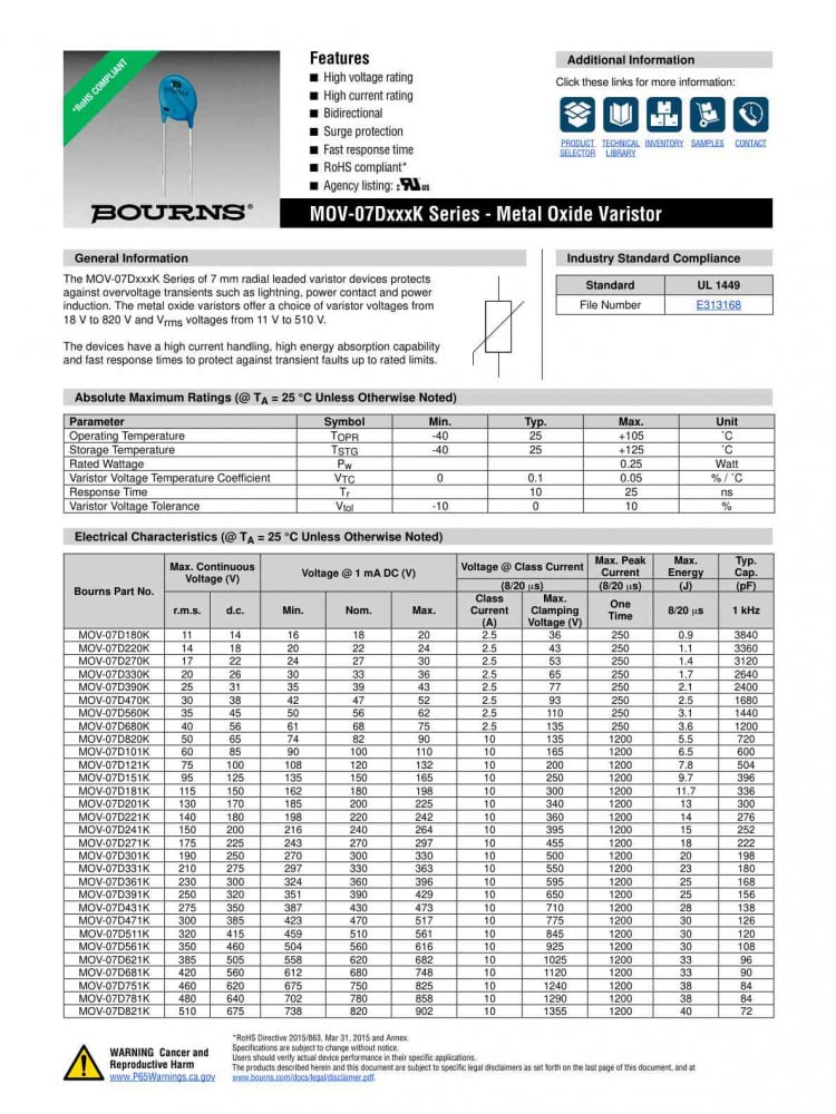 BOURNS MOV-07D470K datasheet page 1