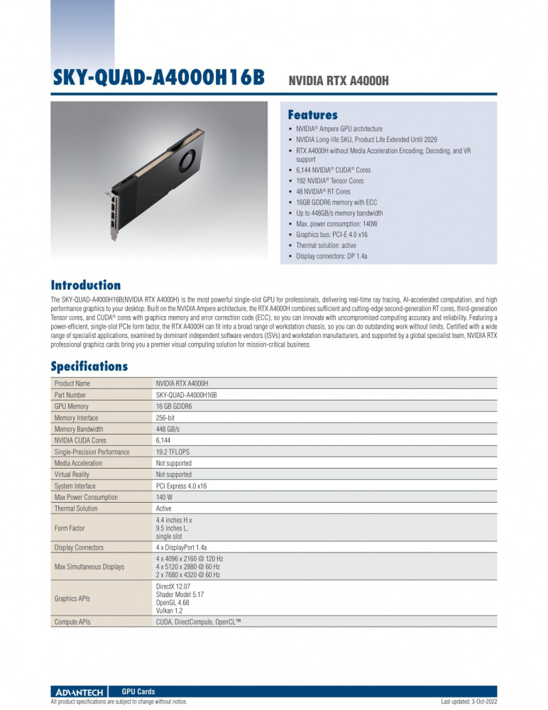 NVIDIA RTX A4000H product document preview