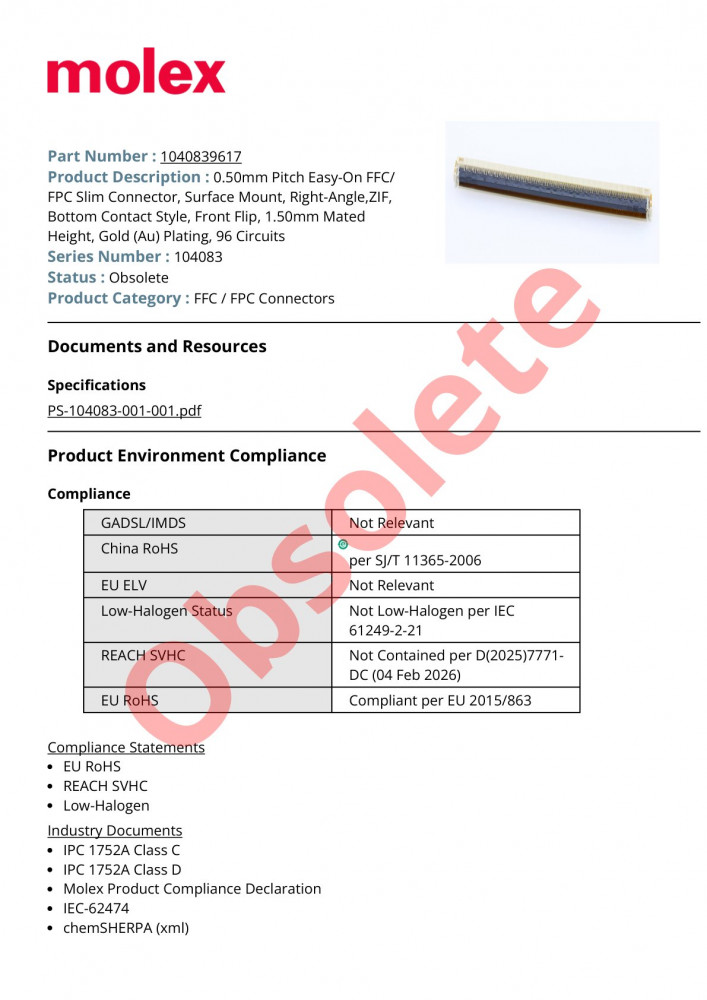 MOLEX 104083 series product specification page image 1
