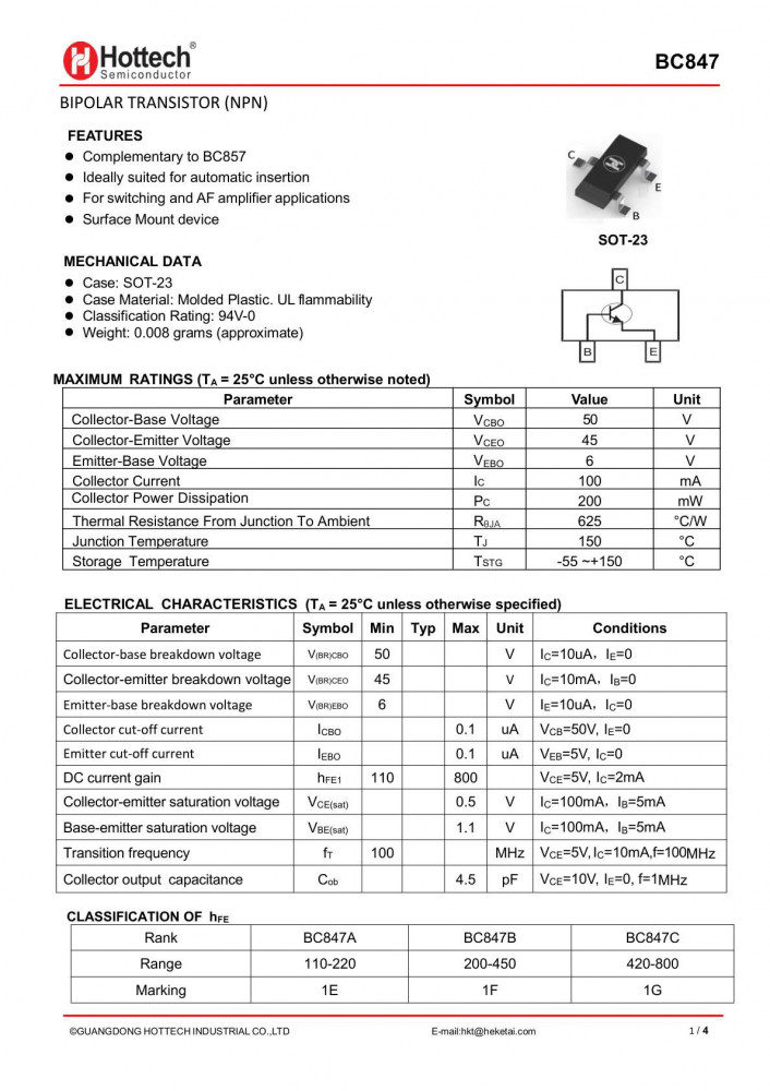 BC847A datasheet page 1