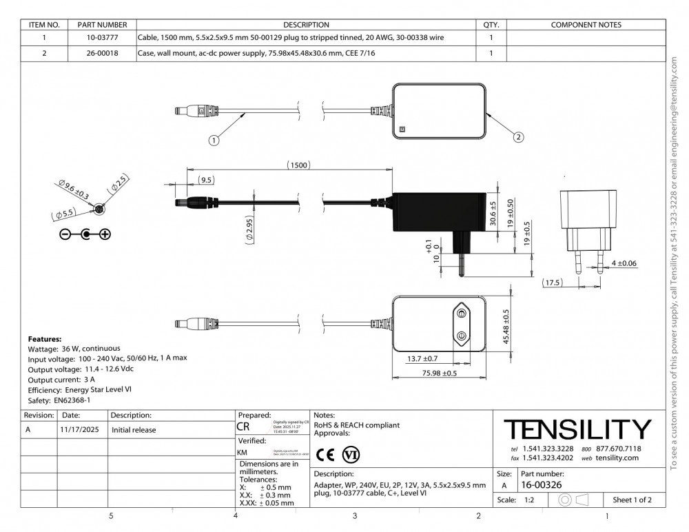 Tensility 16-00326 product drawing and adapter feature summary