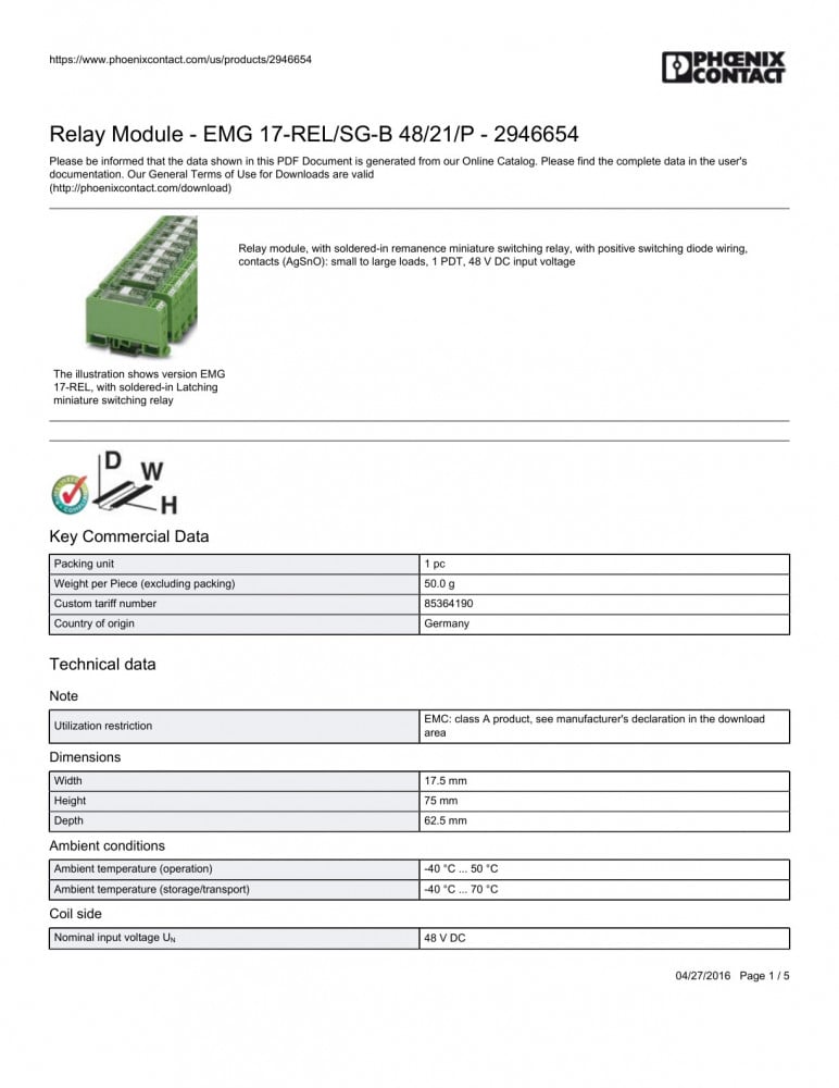 Phoenix Contact 2946654 document page 1