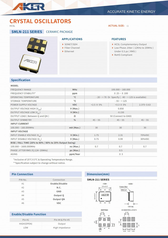 AKER SMLN-211 series technical datasheet page
