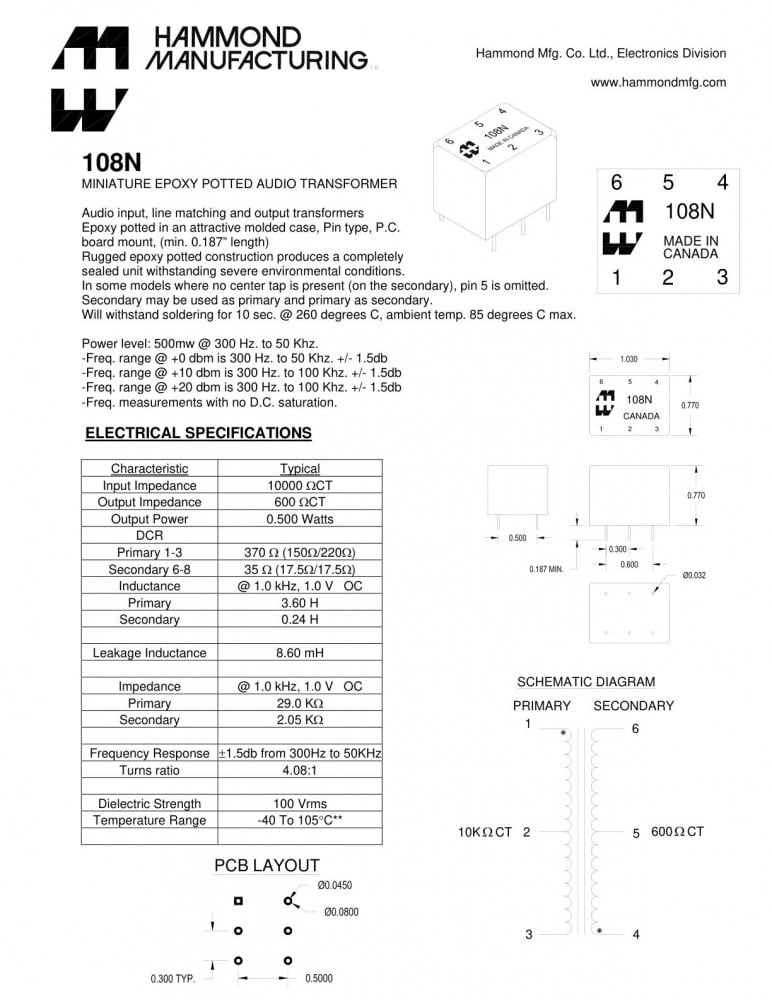 Hammond 108N datasheet page 1
