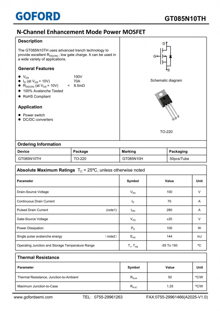 GT085N10TH datasheet page 1