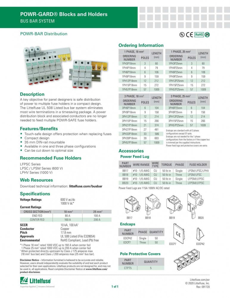 Littelfuse bus bar technical document preview