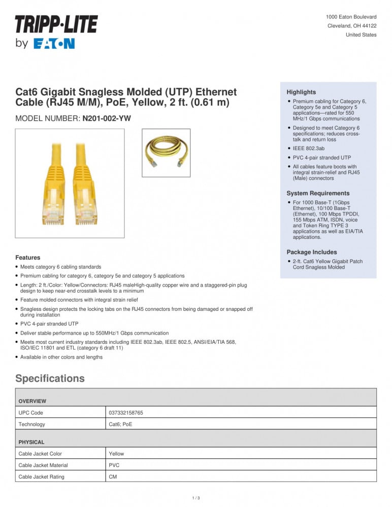 EATON N201-002-YW technical document page 1