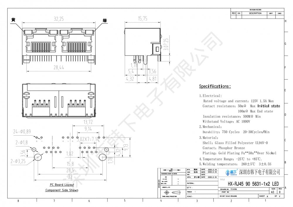 HX-RJ45 90 5631-1x2 LED technical drawing preview