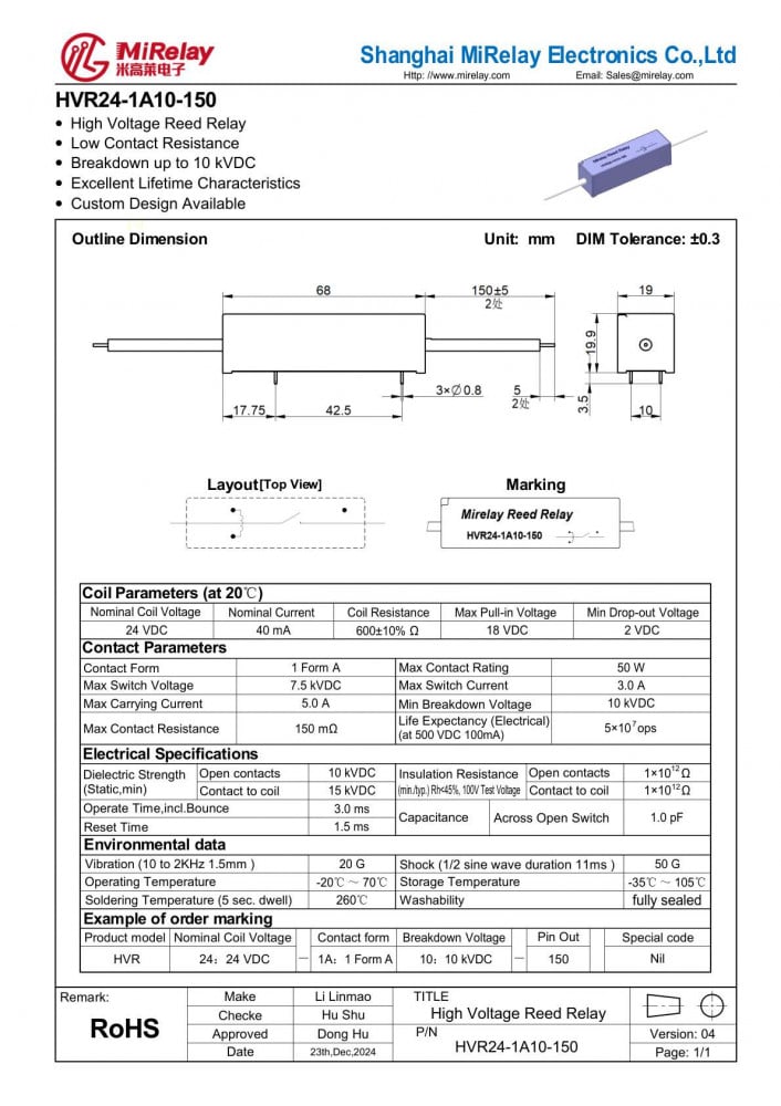 MiRelay HVR24-1A10-150 technical document page