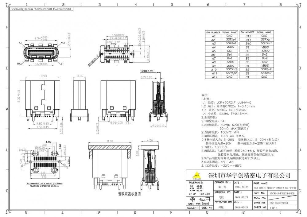 HOAUC HYCW643-USBC24-930B technical drawing