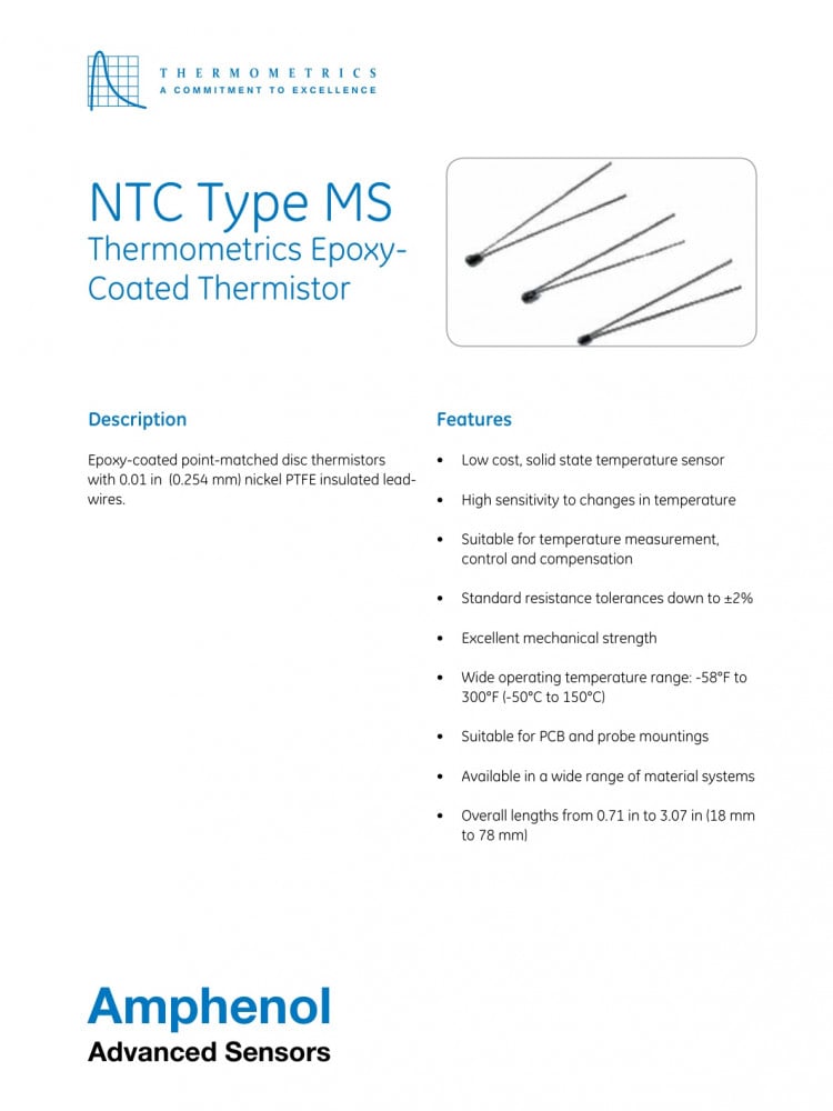 Amphenol Thermometrics NTC Type MS product description and features