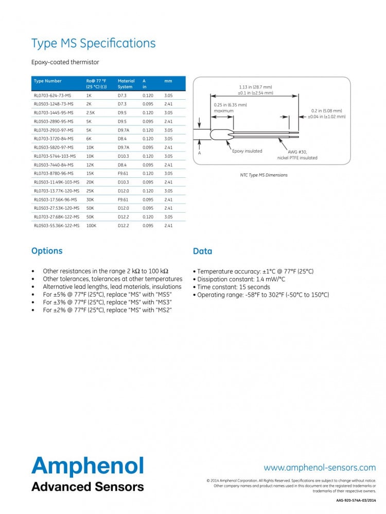 Amphenol Thermometrics NTC Type MS specifications and dimensions