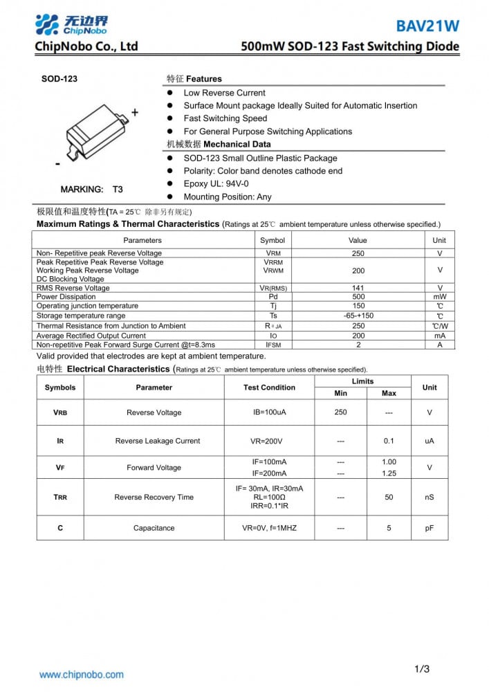BAV21W datasheet page 1