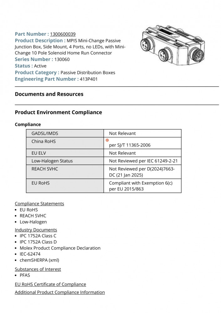MOLEX 1300600039 product document, page 1