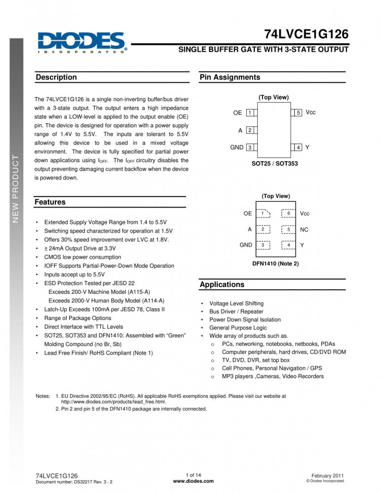 74LVCE1G126FZ4-7 datasheet page 1