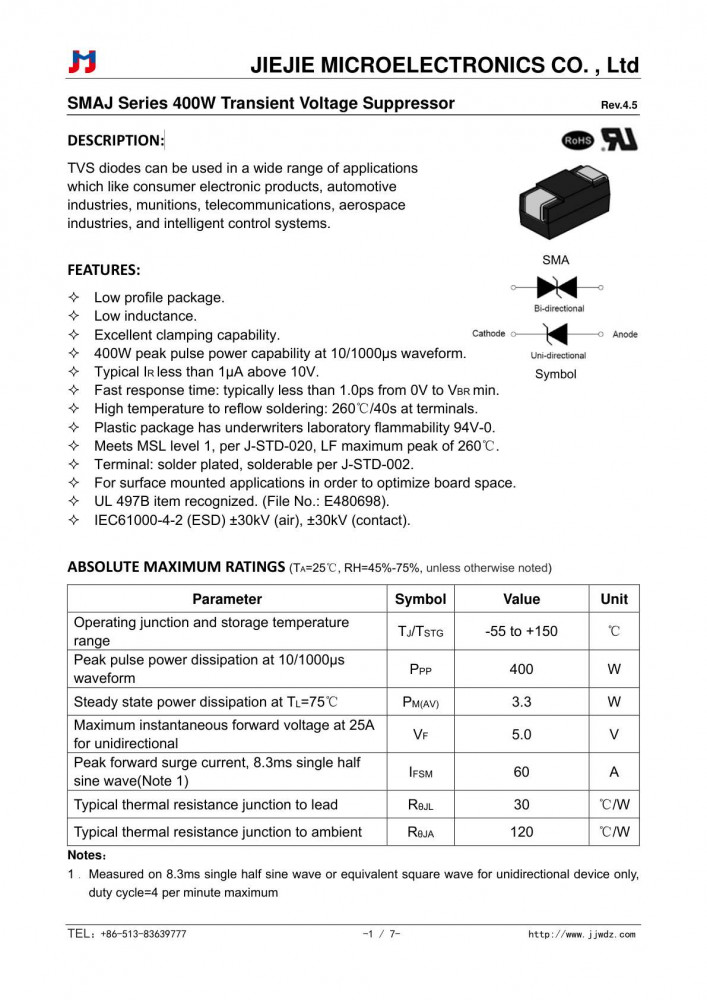 SMAJ series datasheet page 1