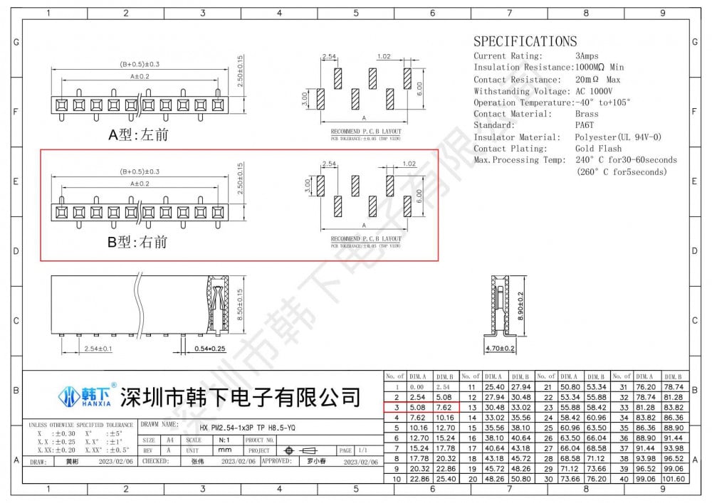HX PM2.54-1x3P TP H8.5-YQ technical drawing