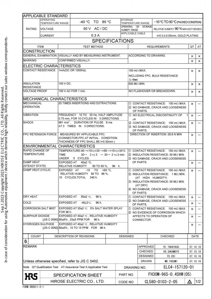 HRS FH30M-96S-0.4SHW(05) specification sheet page 1