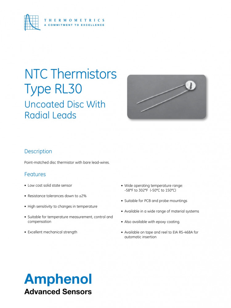 Amphenol RL30 thermistor product specification page 1