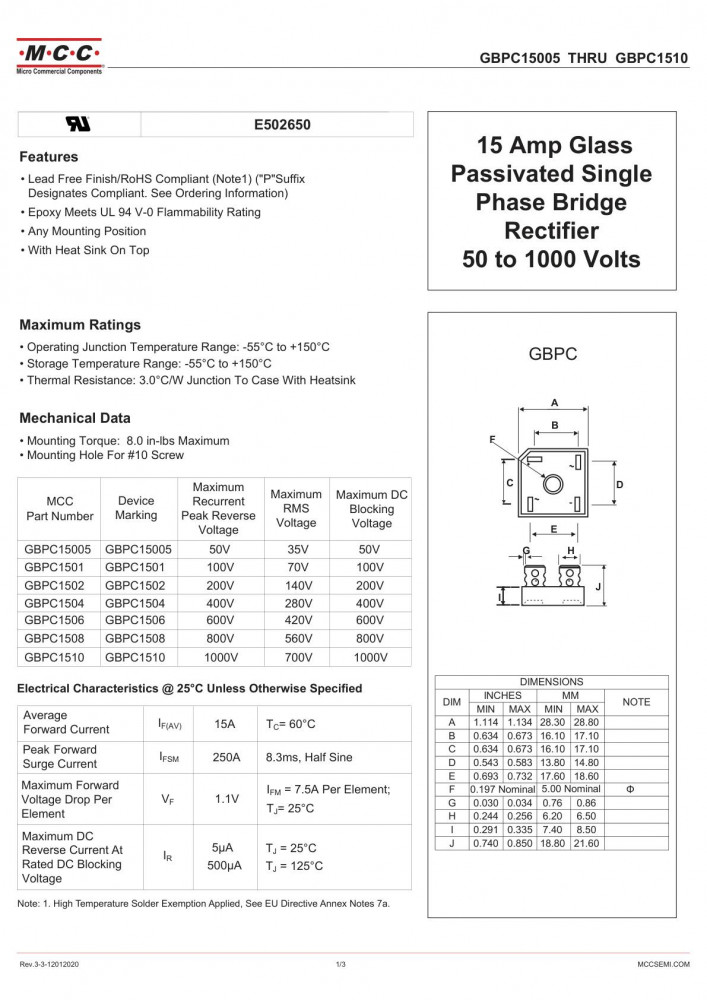 GBPC15005-BP datasheet page 1