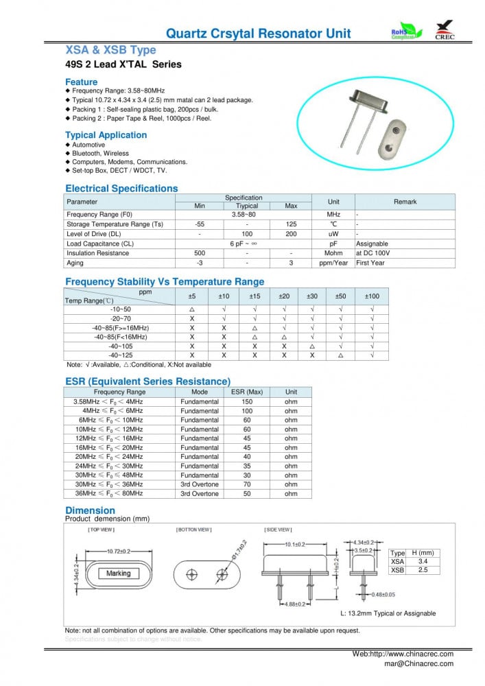 CREC CXB006XSA057 XSA/XSB Type 49S technical document