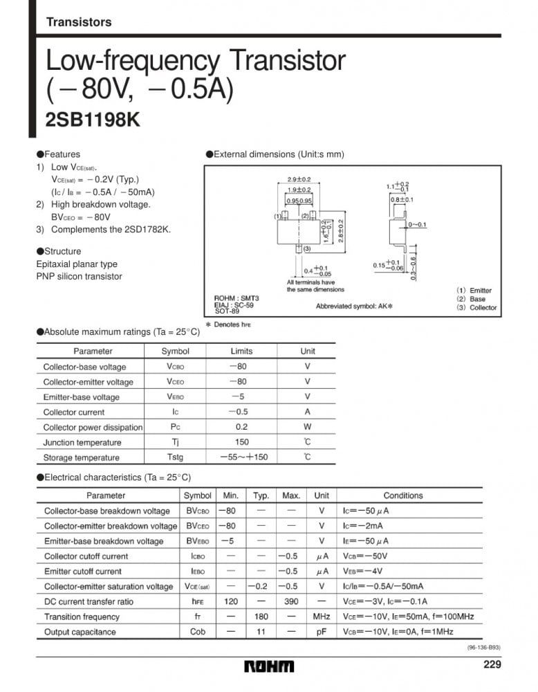 ROHM 2SB1198K datasheet page 1