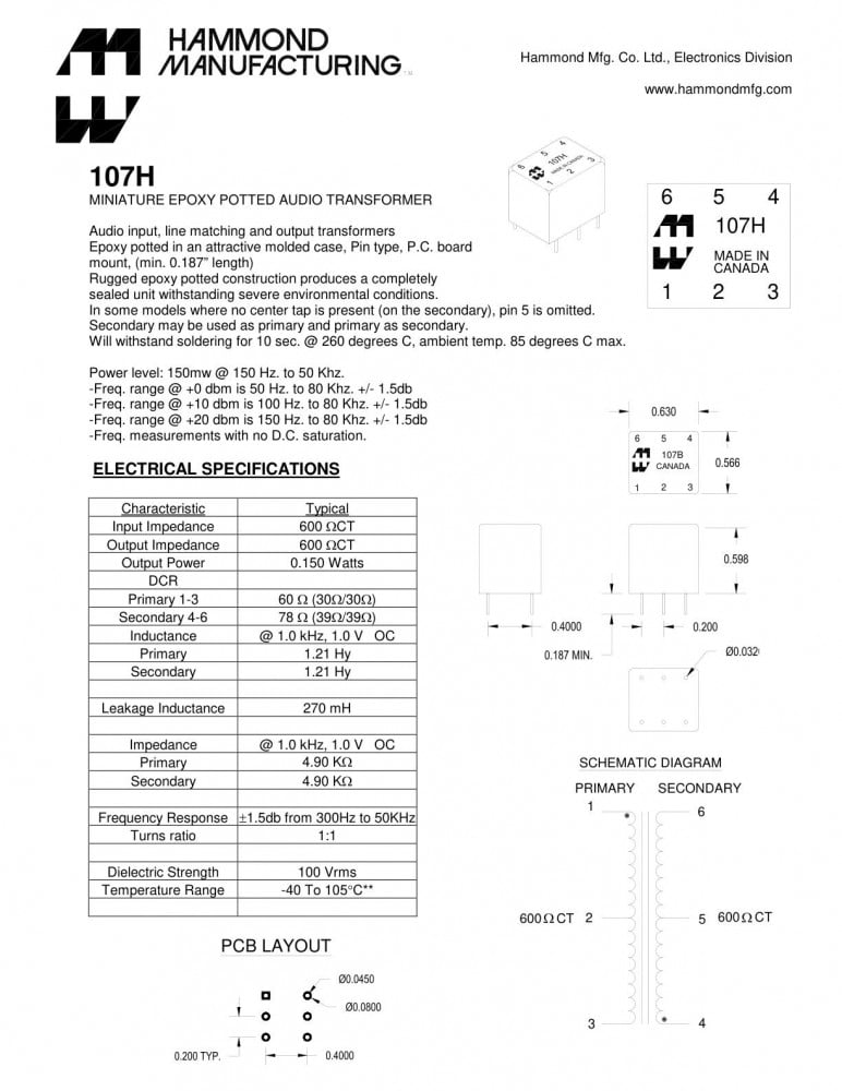 Hammond 107H technical document page 1