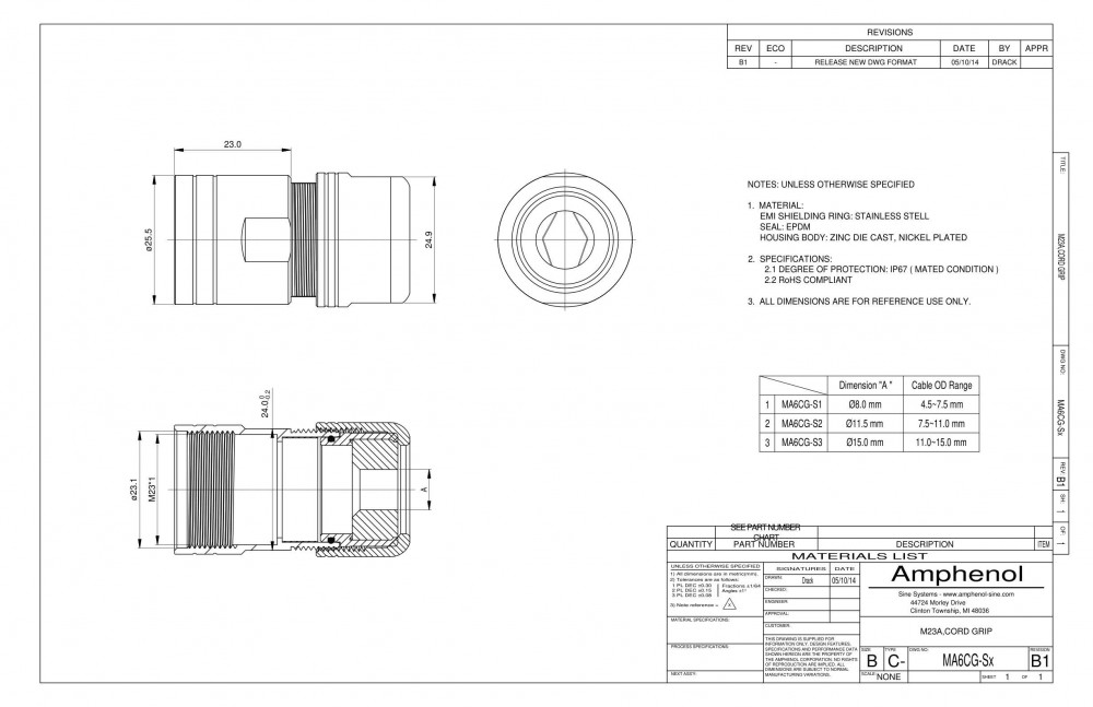 Amphenol MA6CG-S3 technical drawing