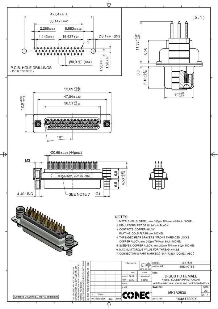 Conec 164A17329X 44-position D-Sub HD female connector product drawing