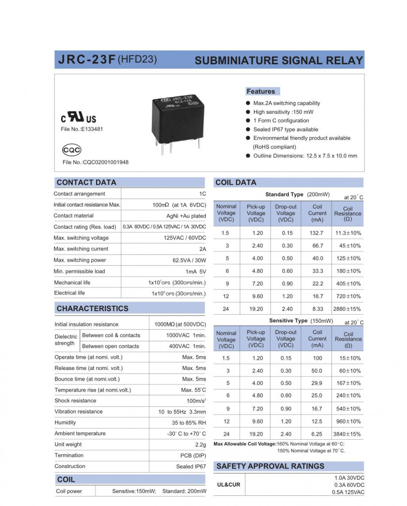 HONGFA JRC-23F relay datasheet page 1