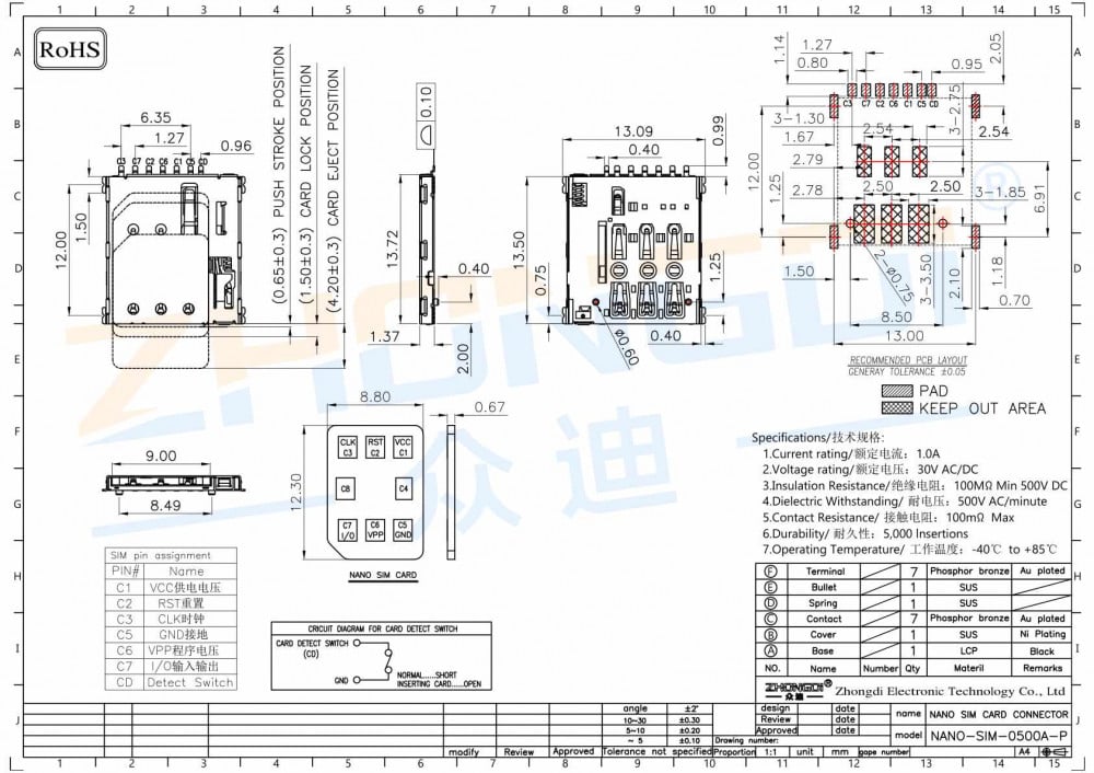 Zhongdi NANO-SIM-0500A-P technical document page 1