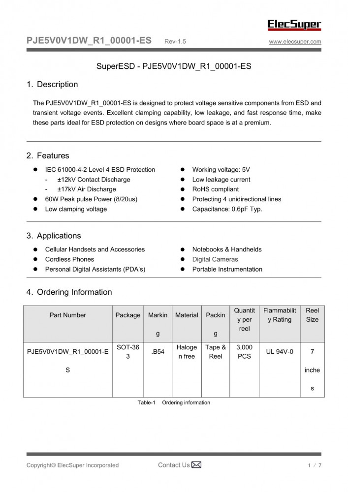 PJE5V0V1DW_R1_00001-ES datasheet page 1