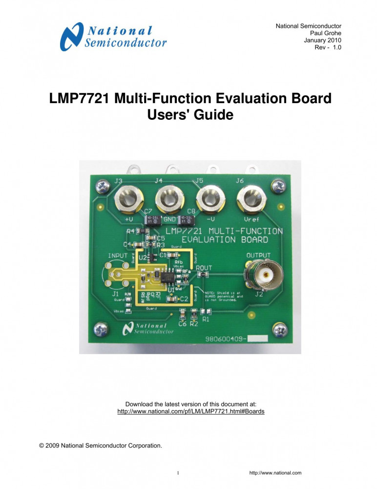 LMP7721 evaluation board document page 1