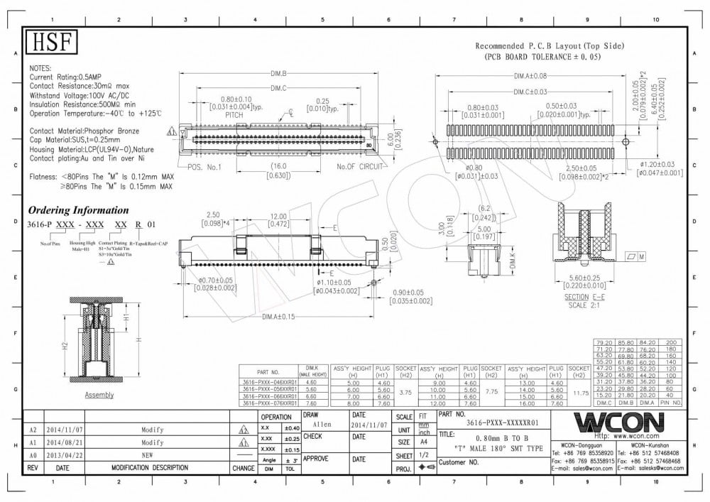 Wcon 3616 HSF connector drawing page 1